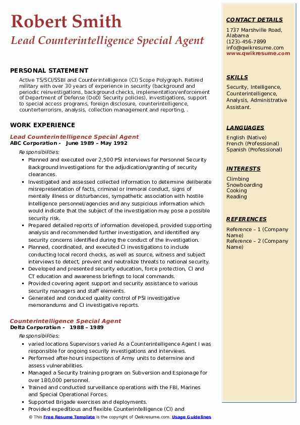Counterintelligence Special Agent Resume Samples | QwikResume