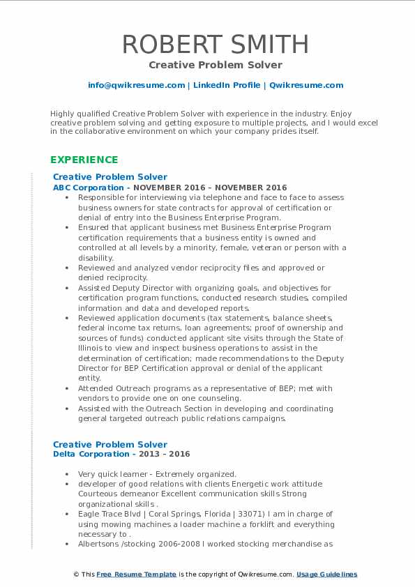 Creative Problem Solver Resume Samples QwikResume