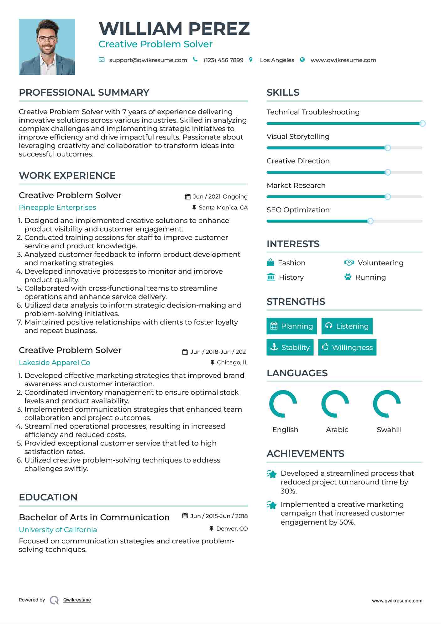Creative Problem Solver Resume Samples QwikResume