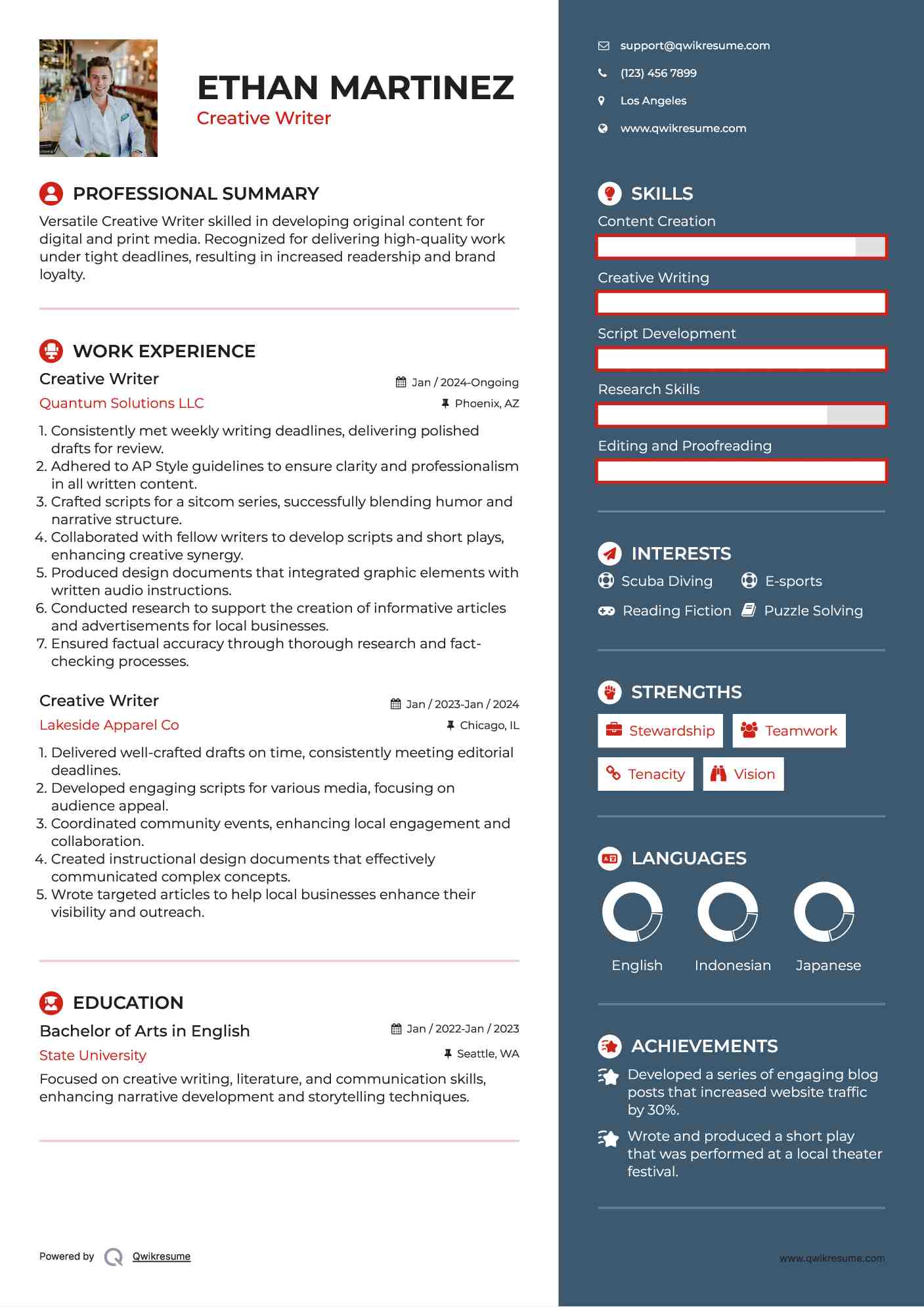 Creative Writer Resume Samples QwikResume