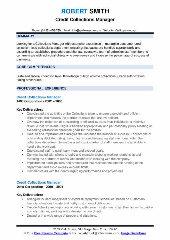 Credit Collections Manager Resume Samples | QwikResume