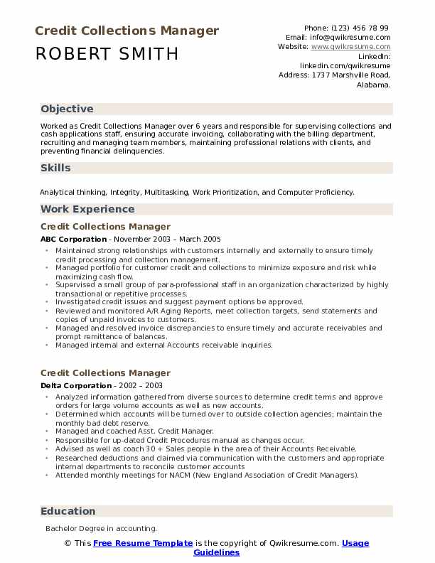 Credit Collections Manager Resume Samples | QwikResume