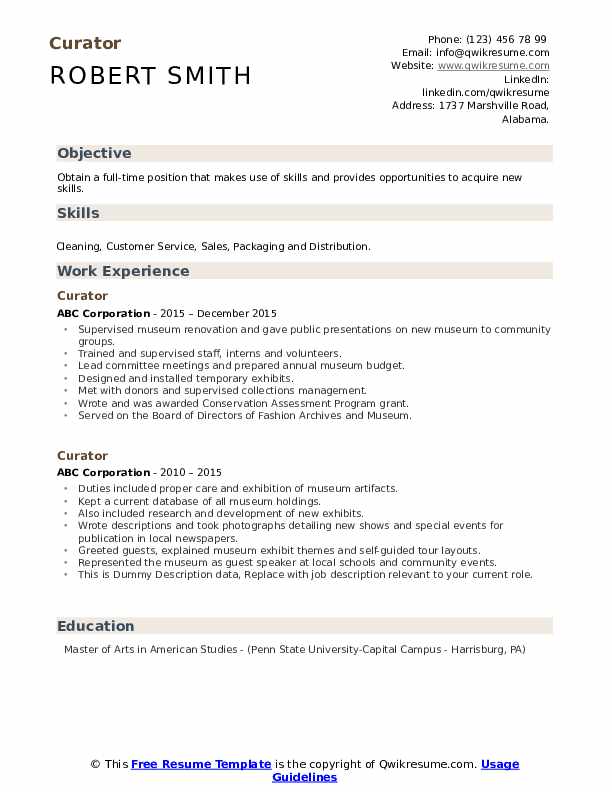 Curator Resume Samples | QwikResume