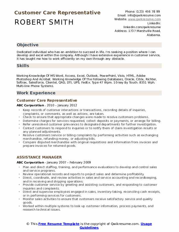 Customer Care Representative Resume Samples QwikResume