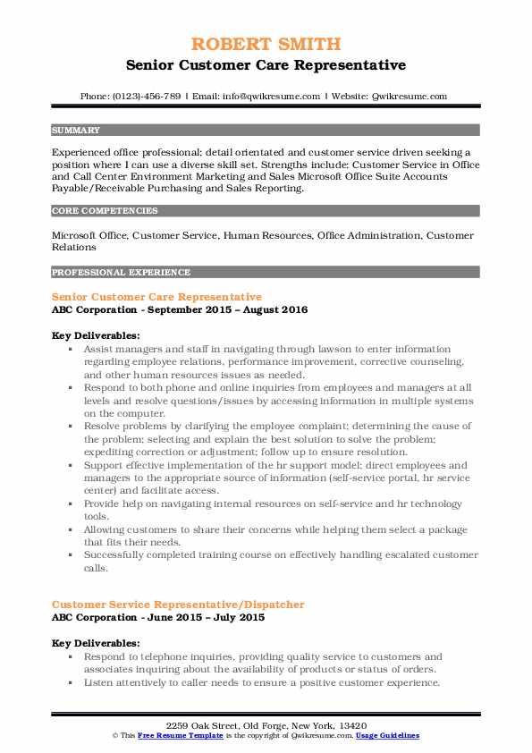 Customer Care Representative Resume Samples QwikResume