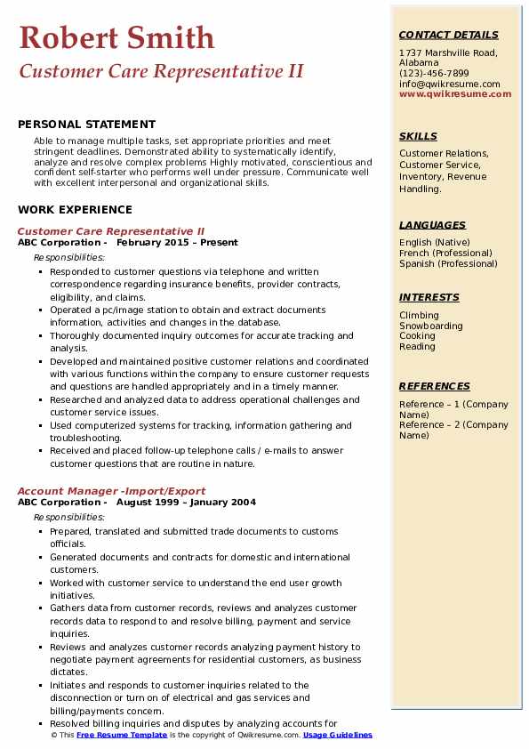 Customer Care Representative Resume Samples QwikResume