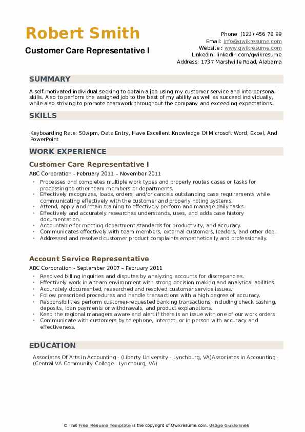 Customer Care Representative Resume Samples QwikResume