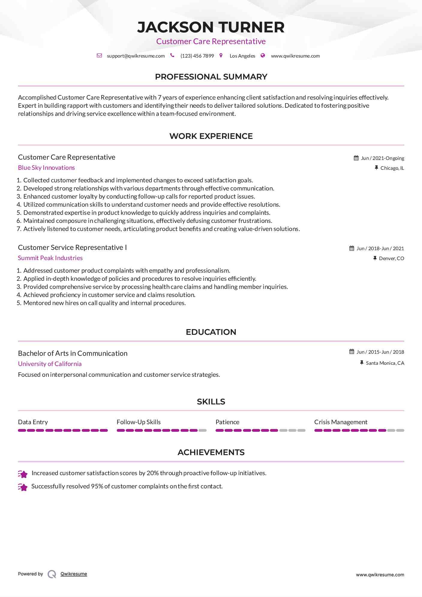 Customer Care Representative Resume Samples QwikResume
