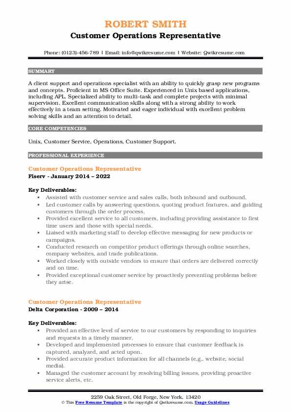 Customer Operations Representative Resume Samples | QwikResume