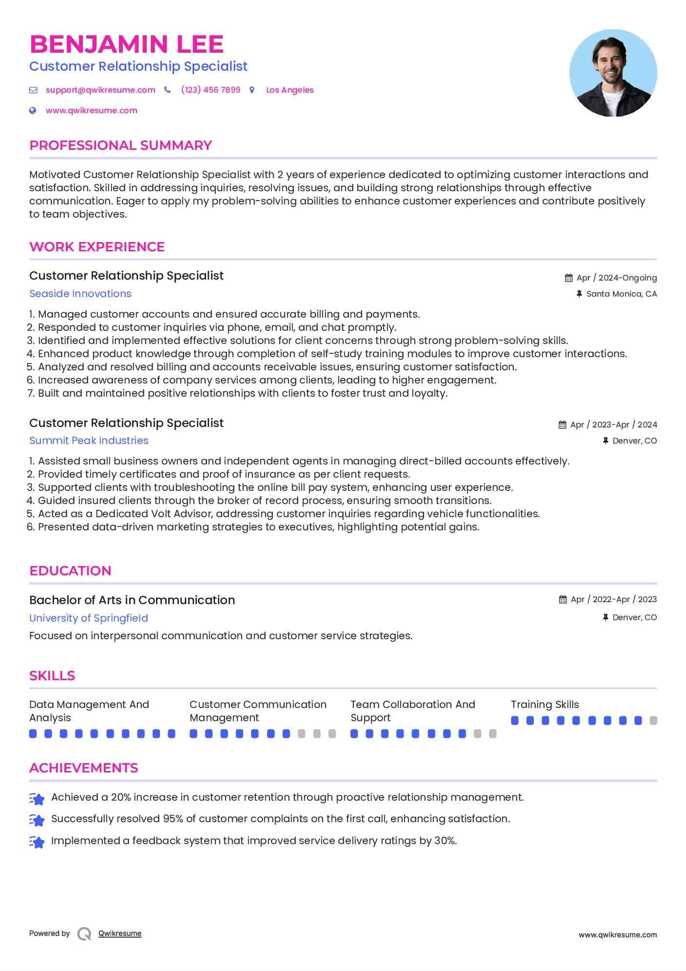 Customer Relationship Specialist Resume Samples QwikResume