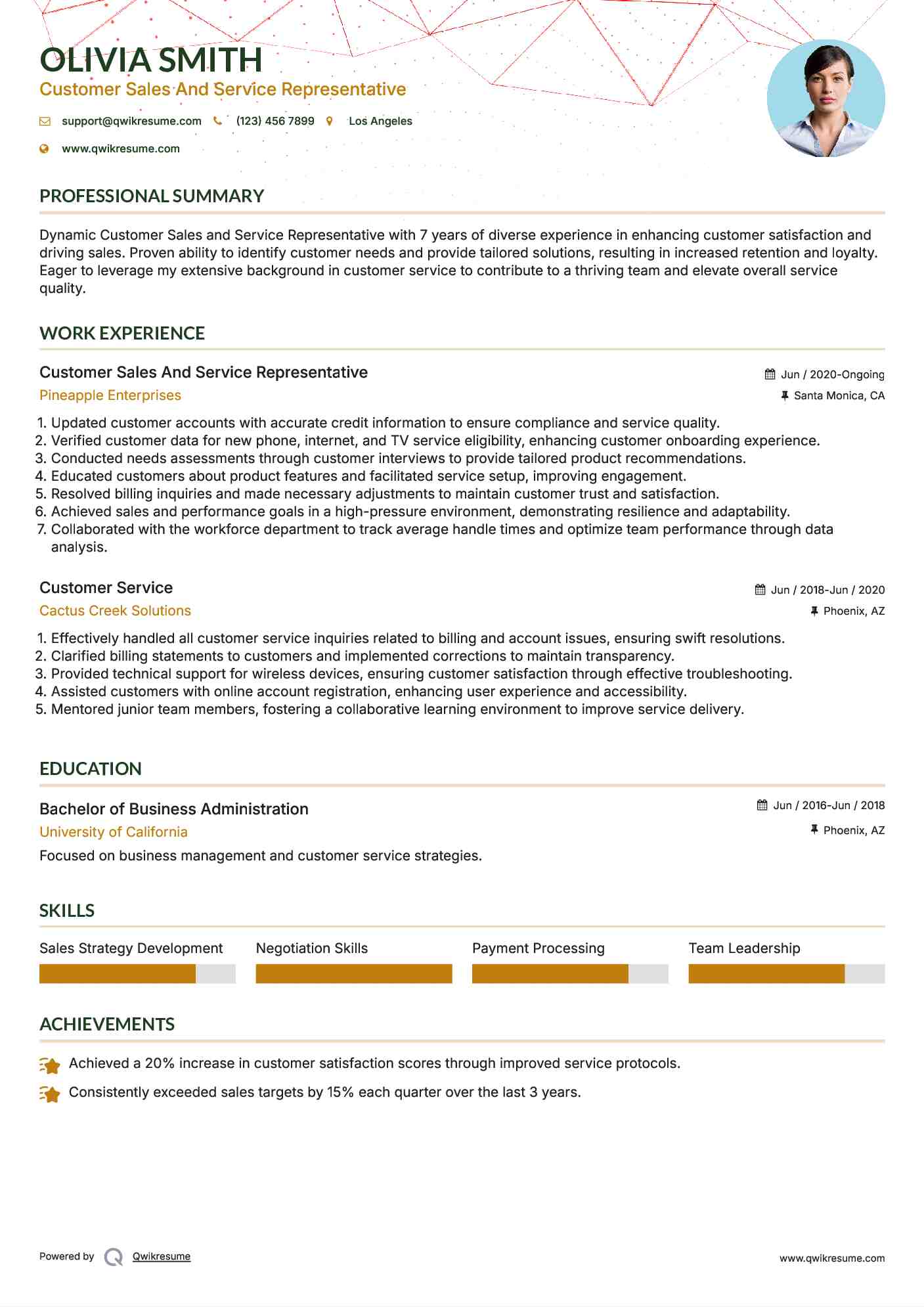 Customer Sales And Service Representative Resume Samples QwikResume