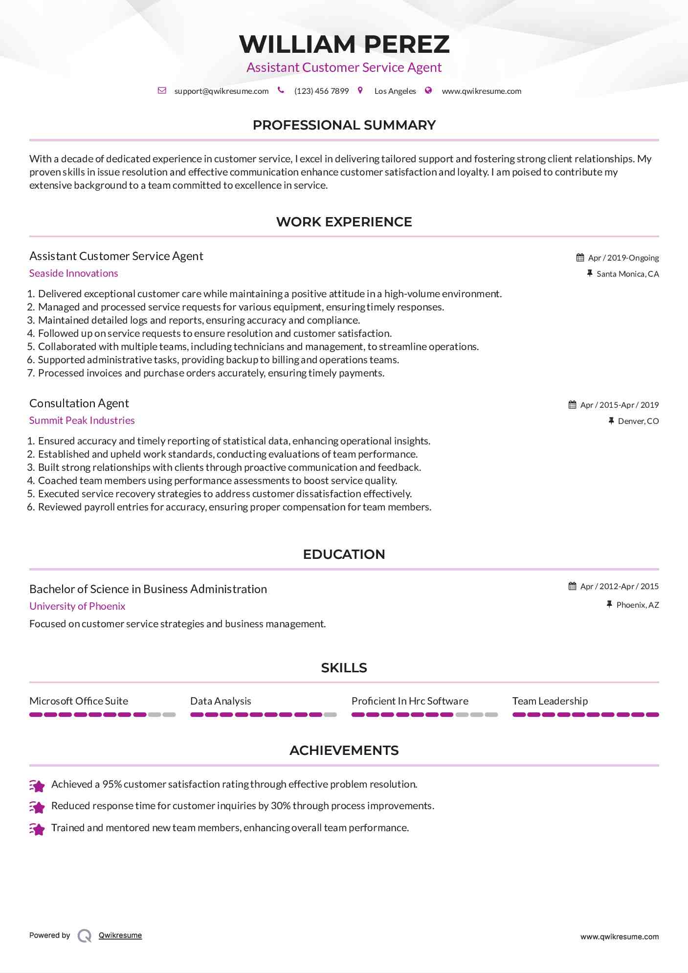 Customer Service Agent Resume Samples QwikResume