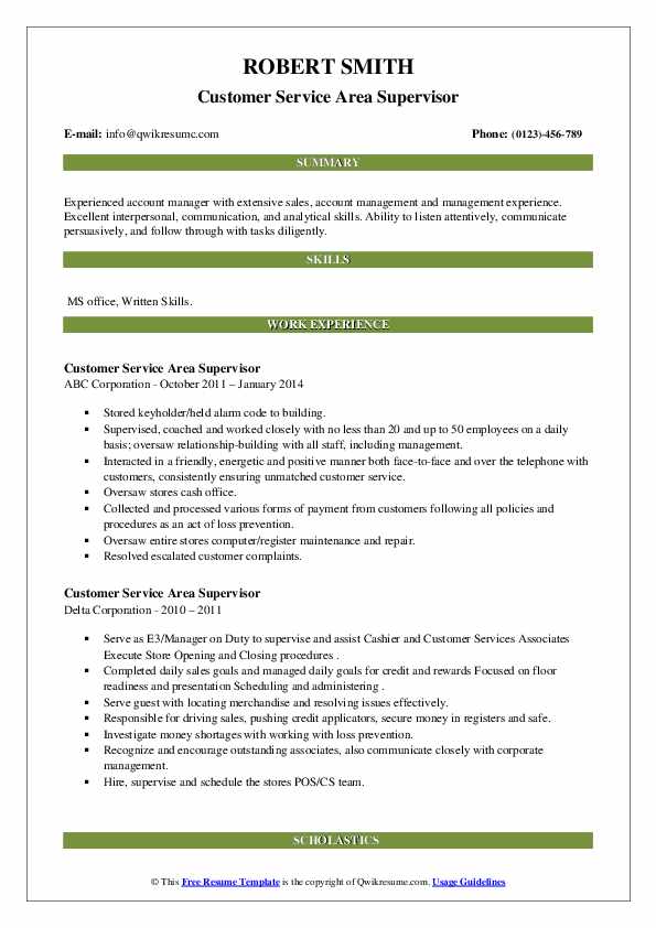 Customer Service Area Supervisor Resume Samples QwikResume
