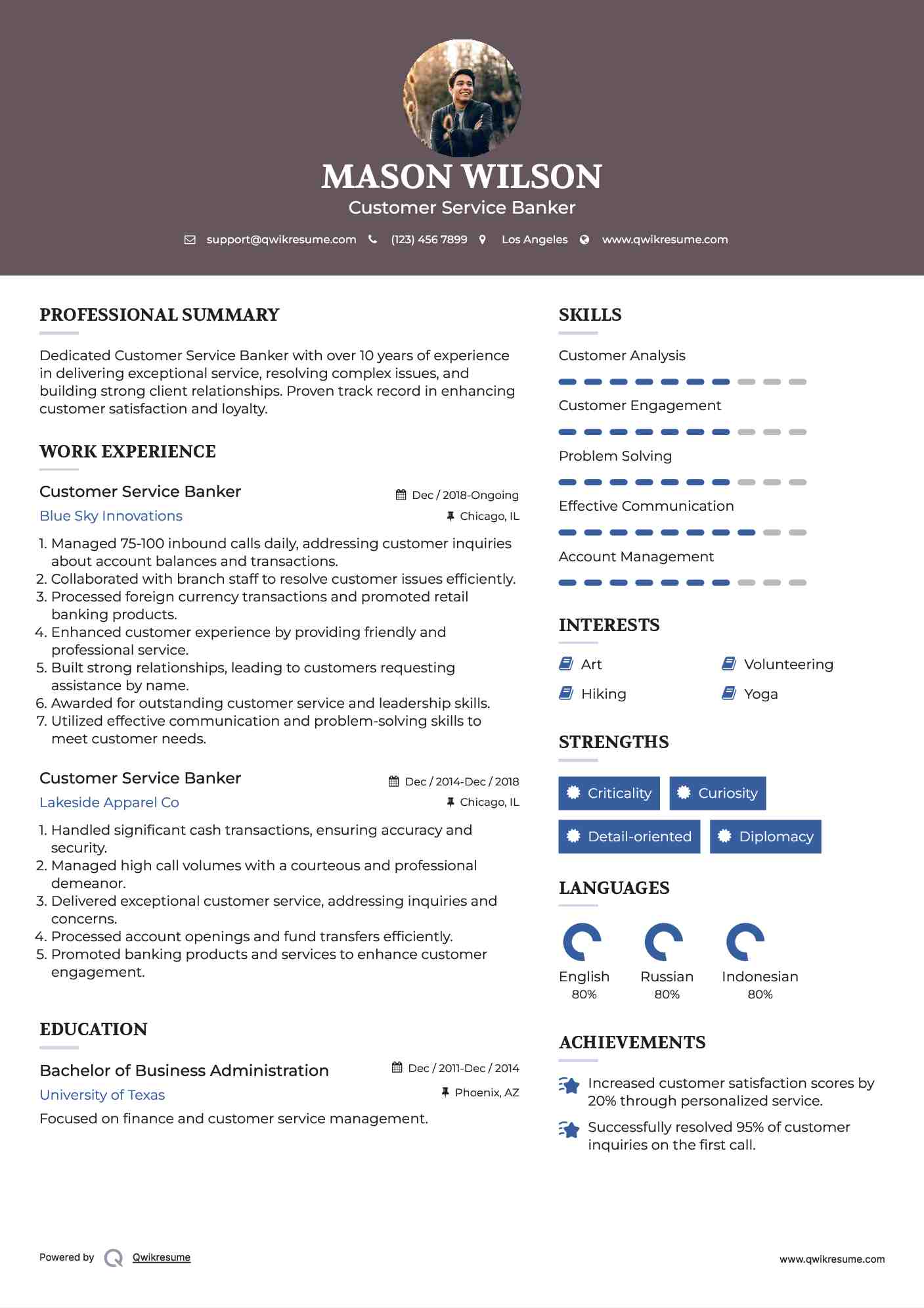 Customer Service Banker Resume Samples QwikResume
