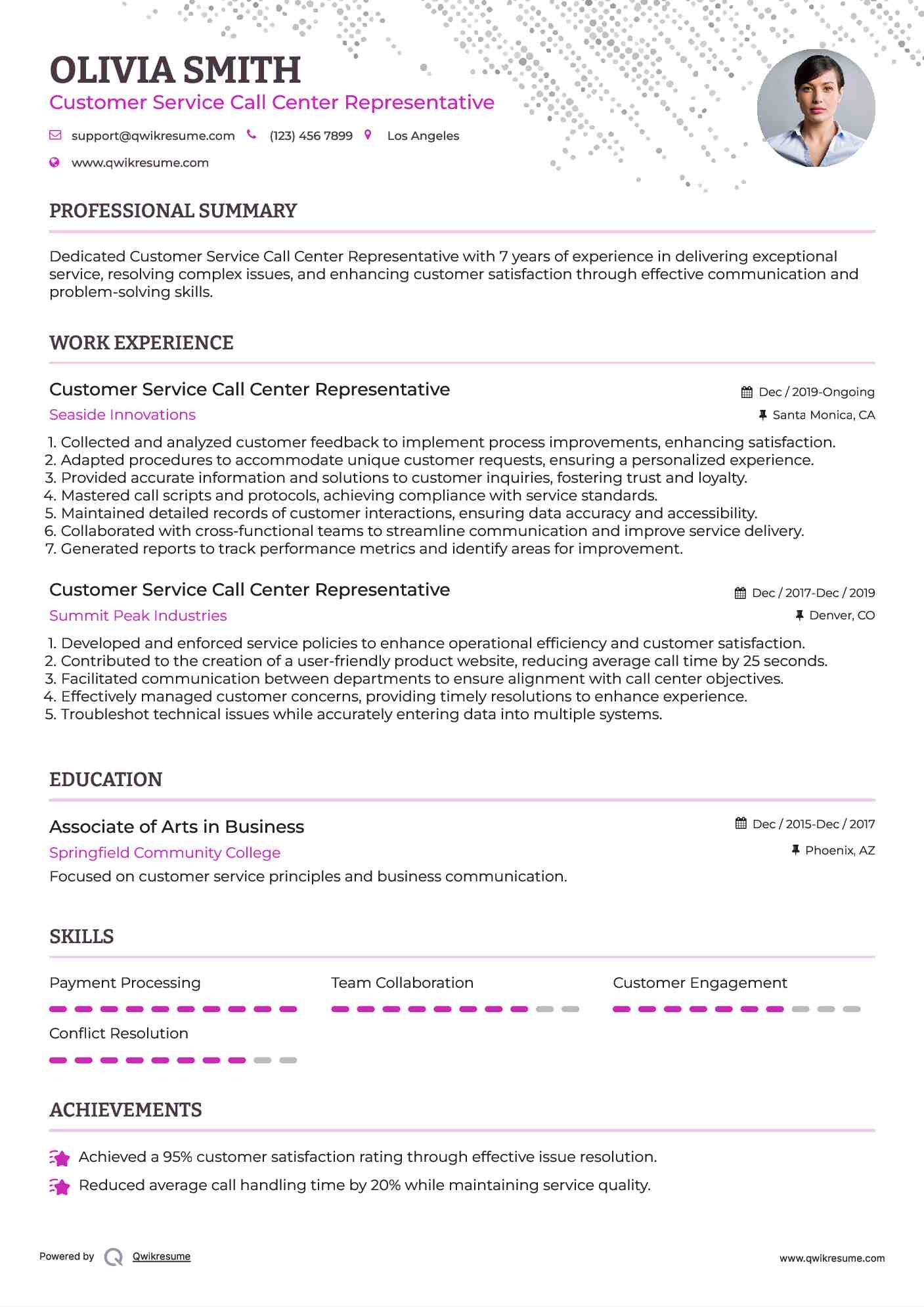 Customer Service Call Center Representative Resume Samples QwikResume