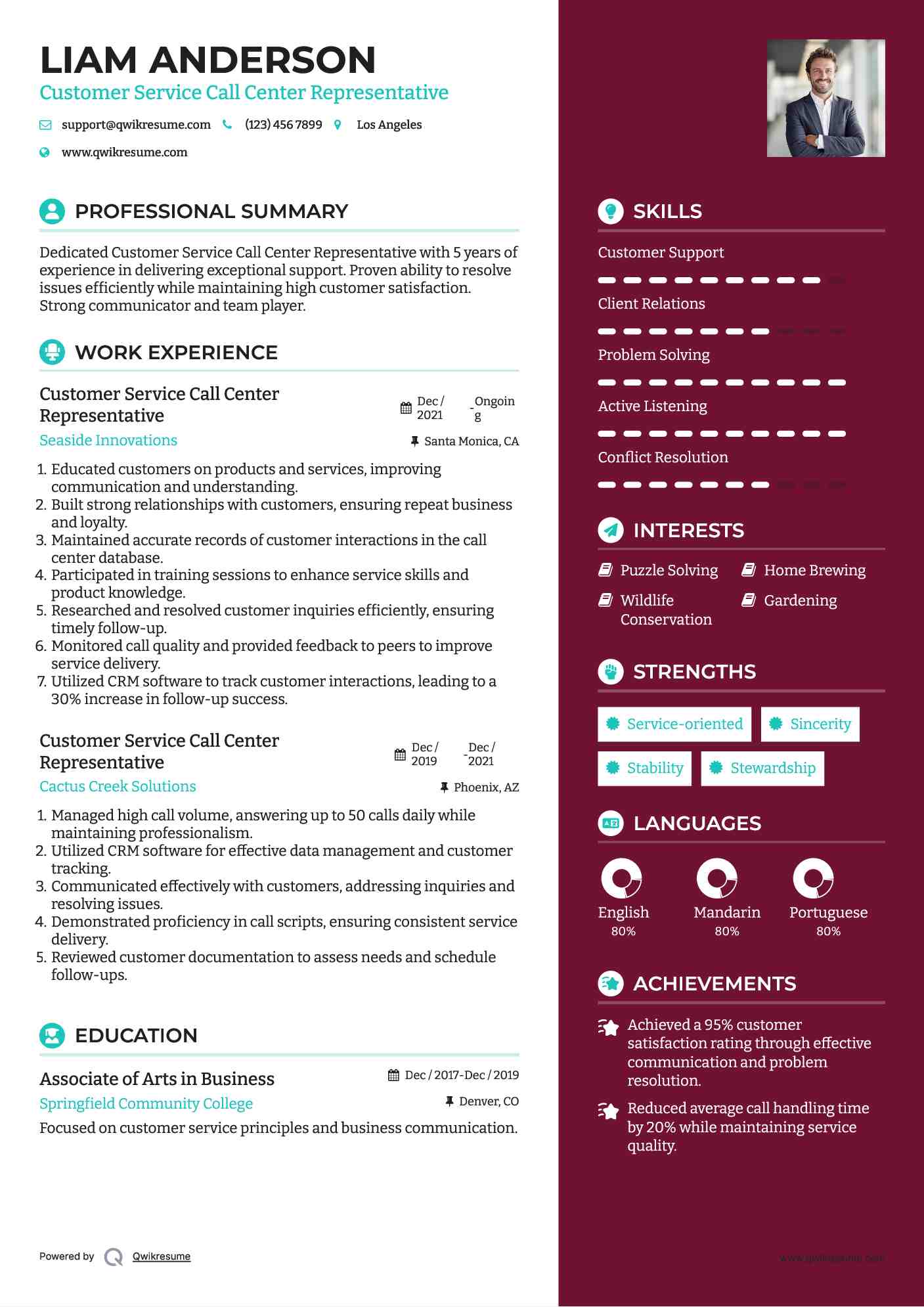 Call Center Customer Service Representative Resume Examples