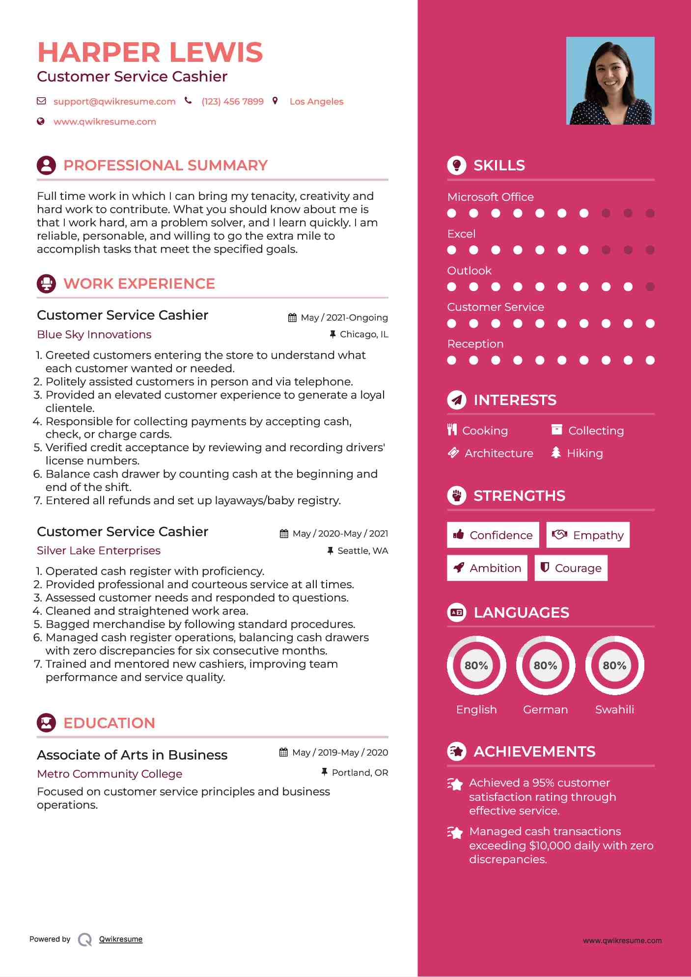 Customer Service Cashier Resume Samples QwikResume