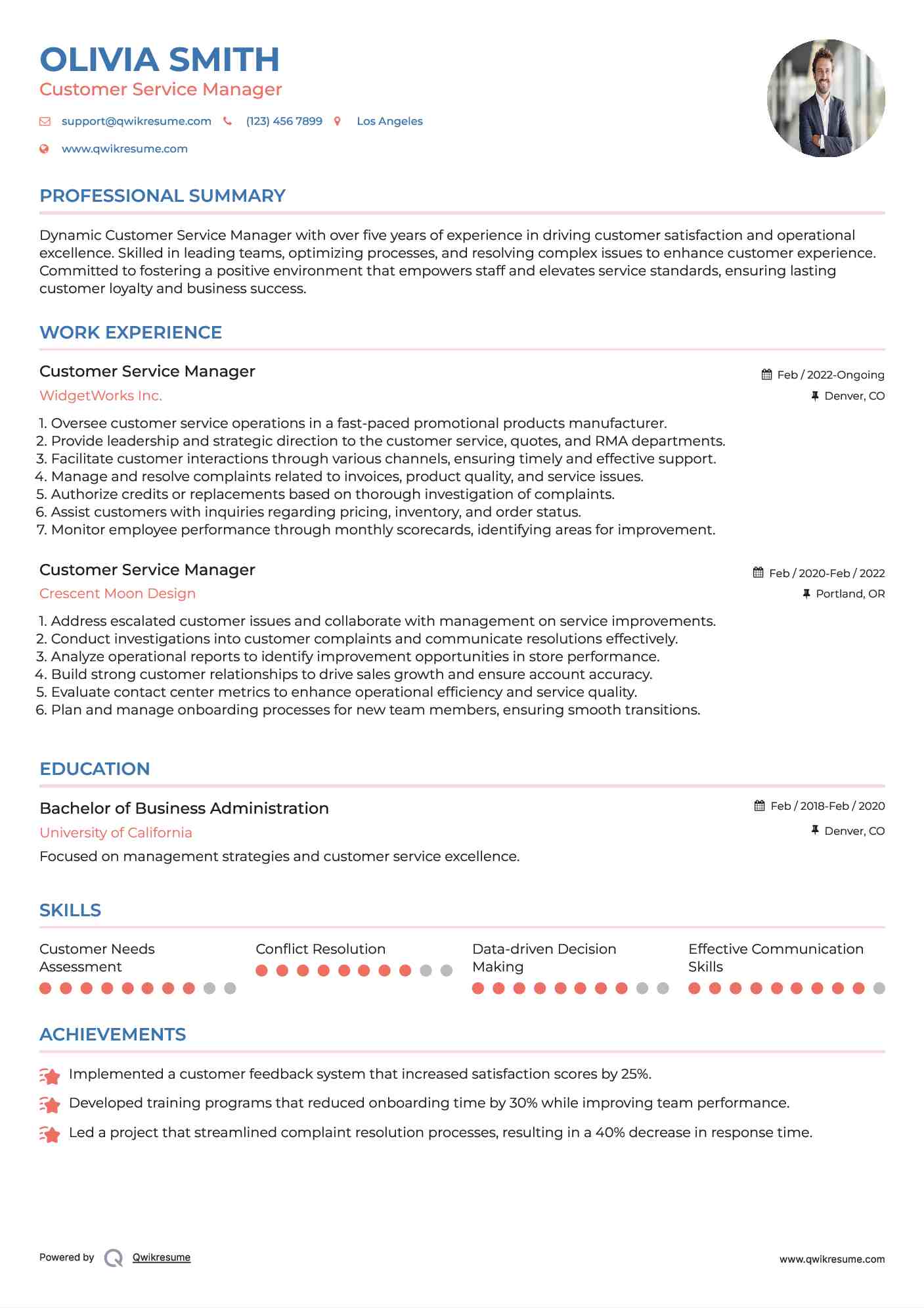 Customer Service Manager Resume Samples QwikResume