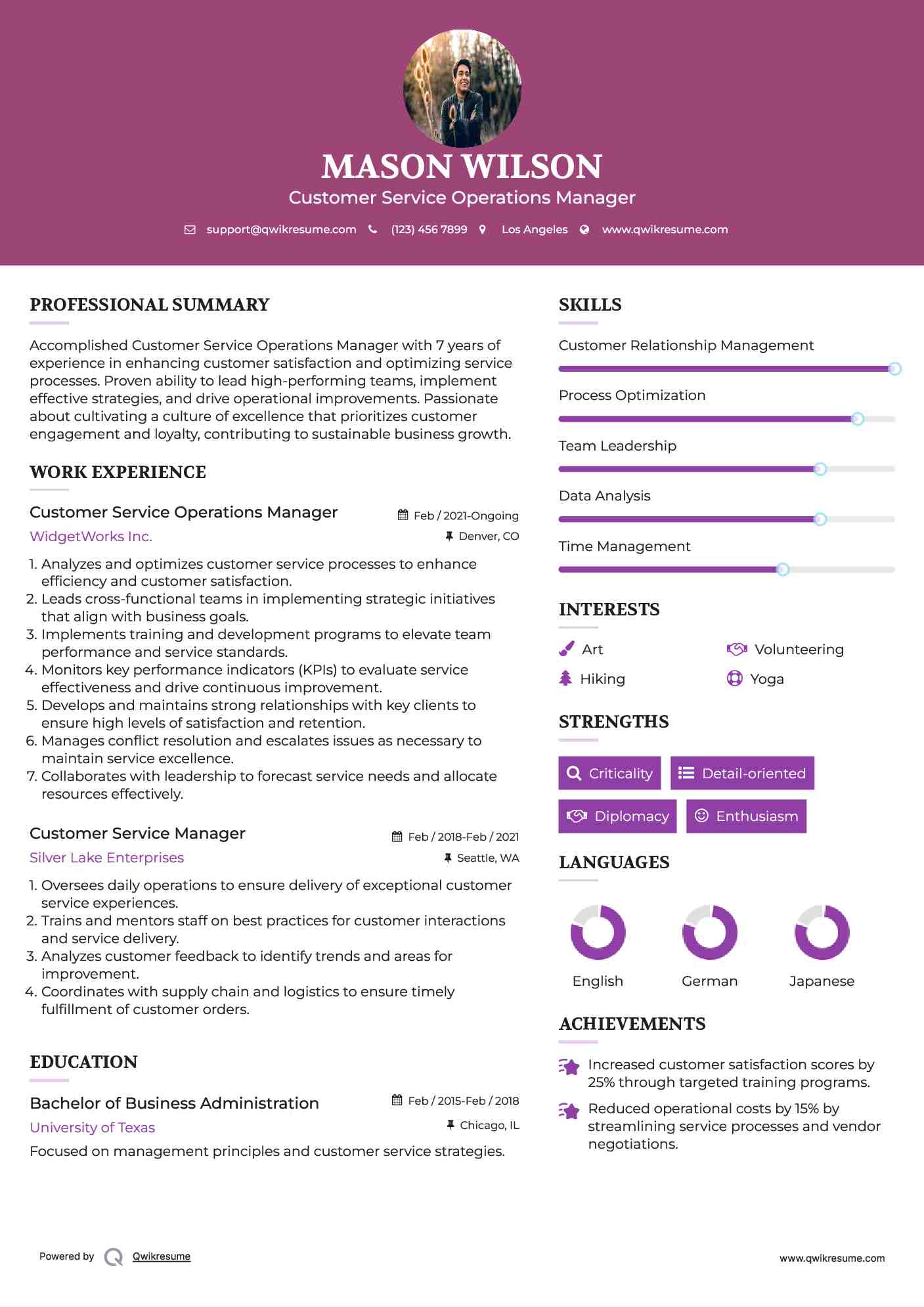 Customer Service Manager Resume Samples QwikResume