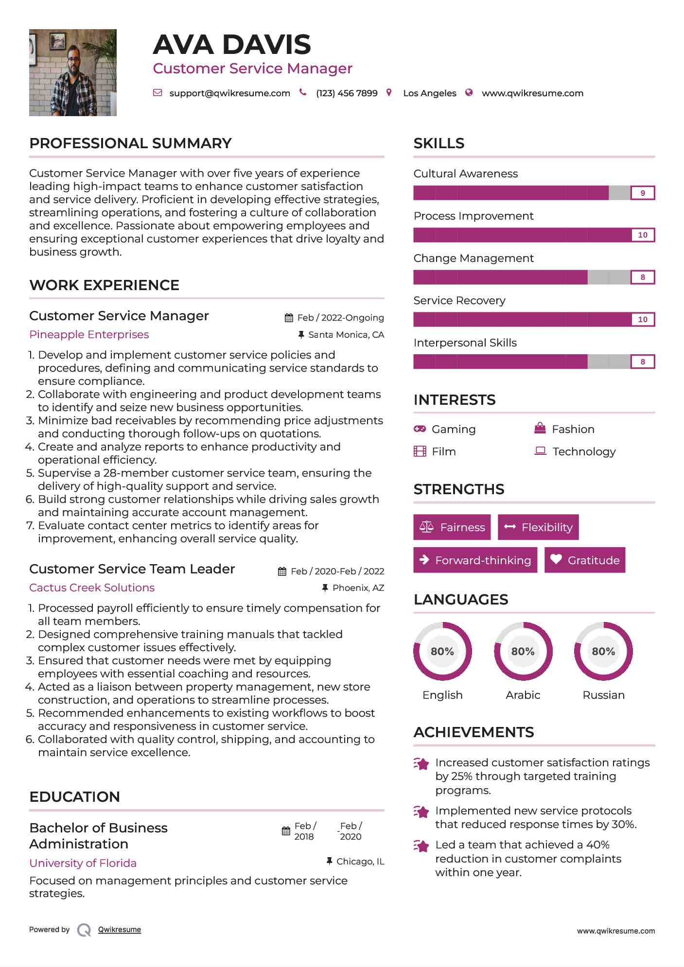 Customer Service Manager Resume Samples QwikResume