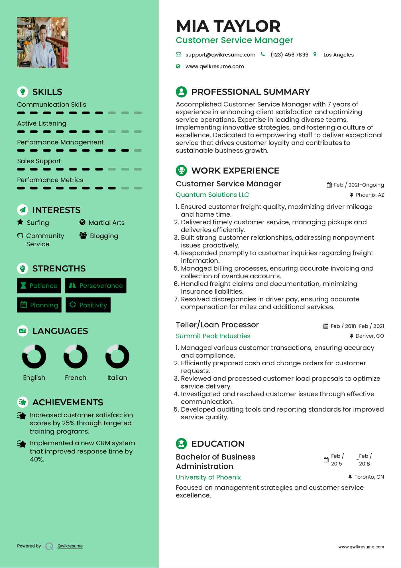 Customer Service Manager Resume Samples QwikResume