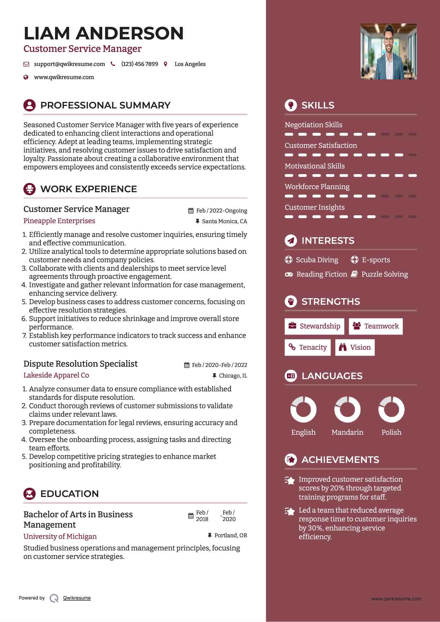 Customer Service Manager Resume Samples QwikResume