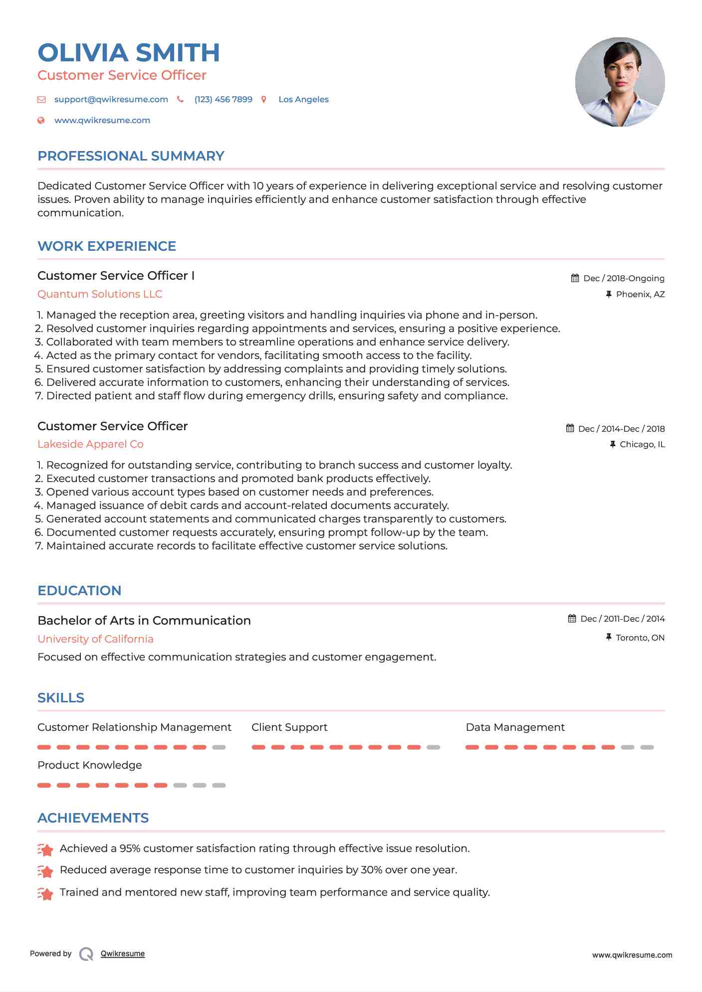 Customer Service Officer Resume Samples QwikResume