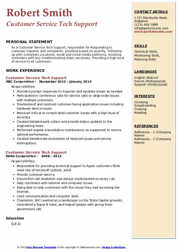 Customer Service Tech Support Resume Samples | QwikResume