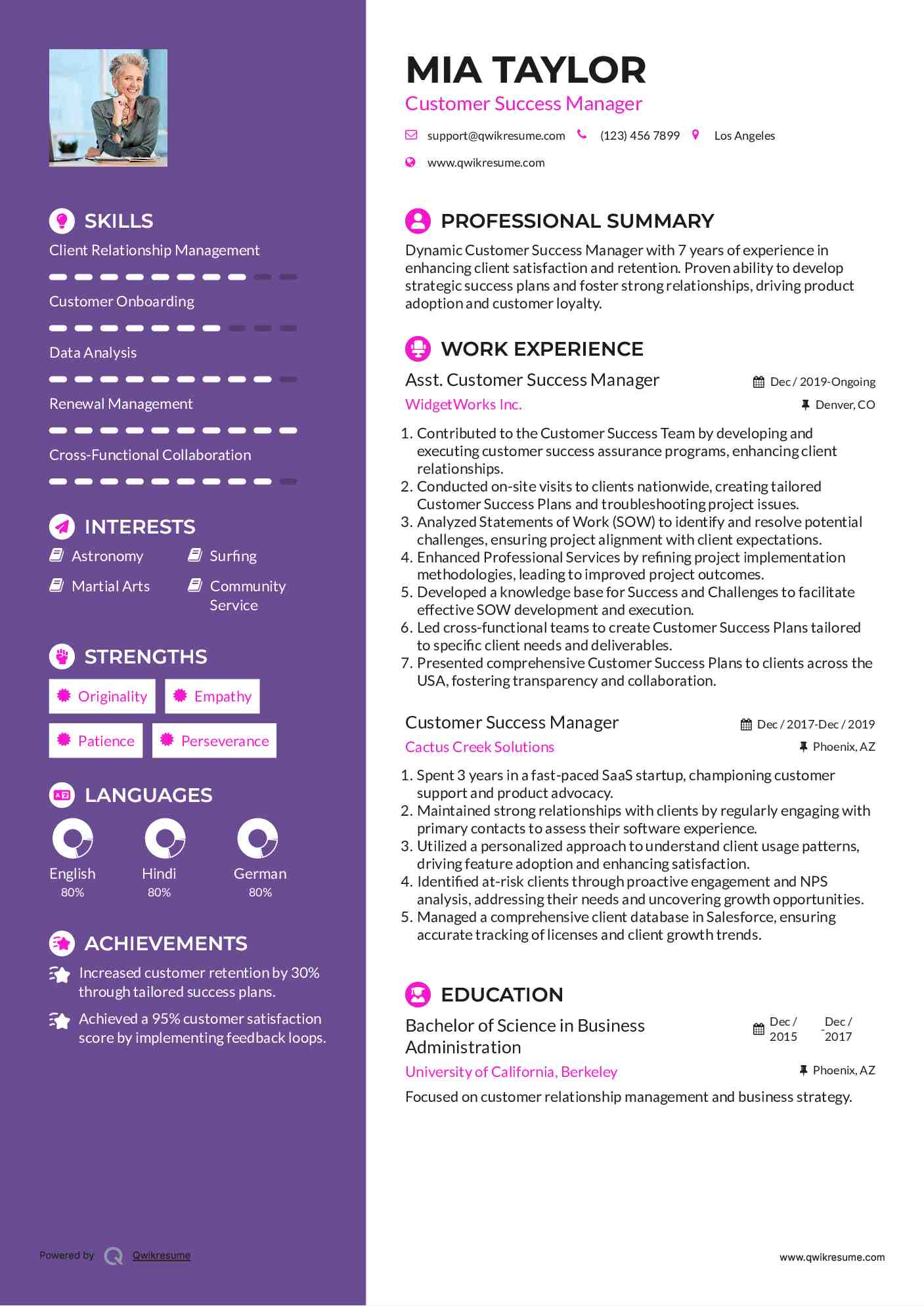 Customer Success Manager Resume Samples QwikResume
