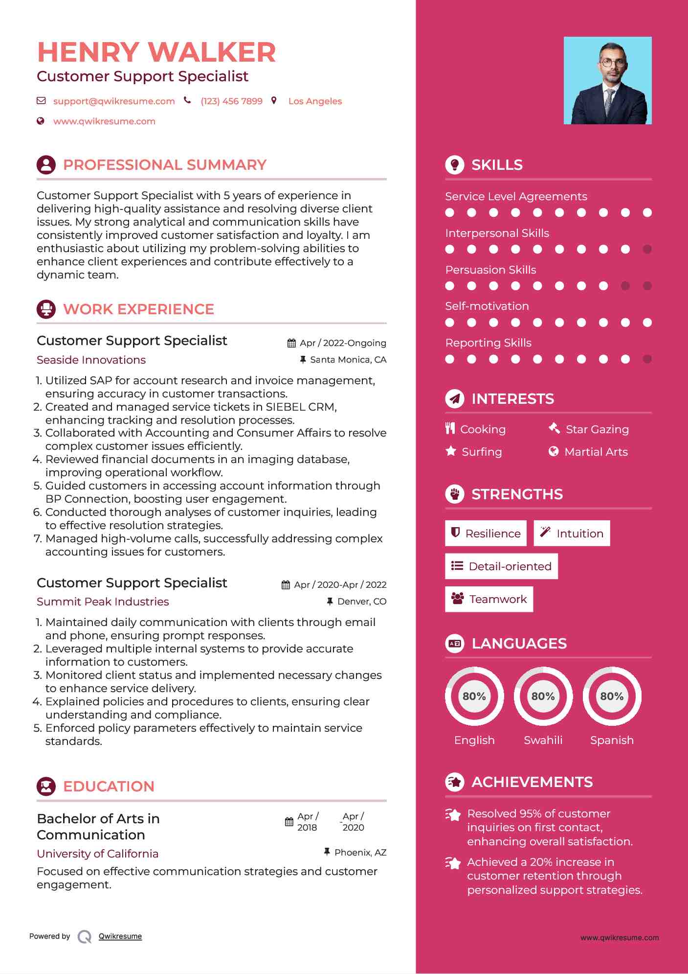 Customer Support Specialist Resume Samples QwikResume
