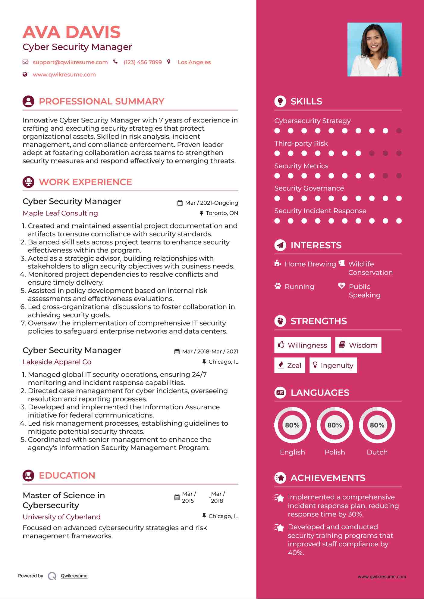 Cyber Security Manager Resume Samples QwikResume