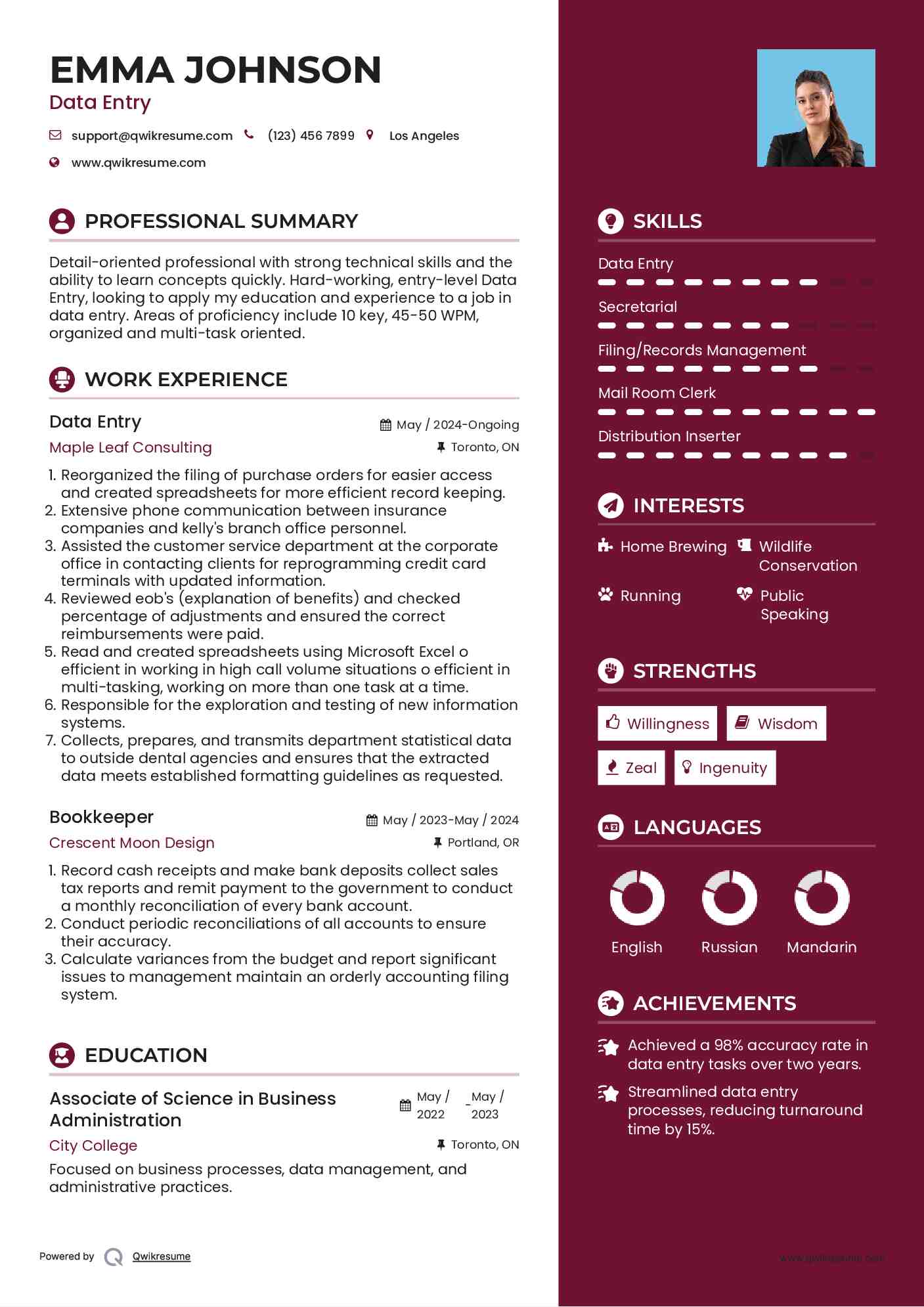 Data Entry Resume Samples QwikResume