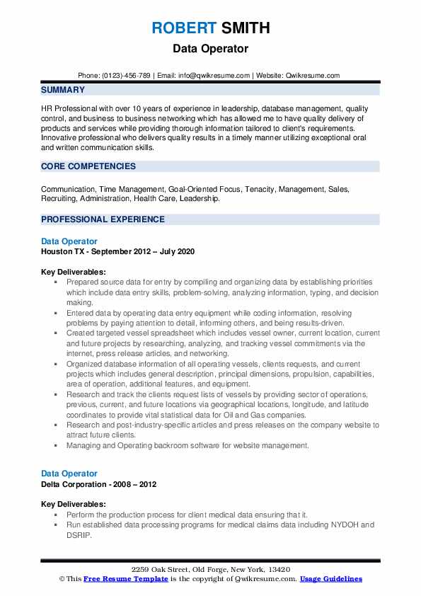 Data Operator Resume Samples | QwikResume