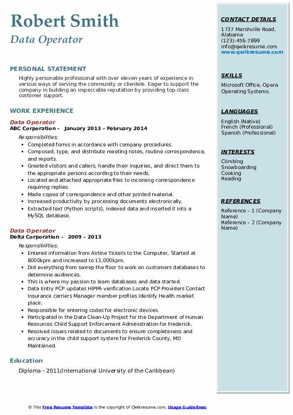 Data Operator Resume Samples | QwikResume