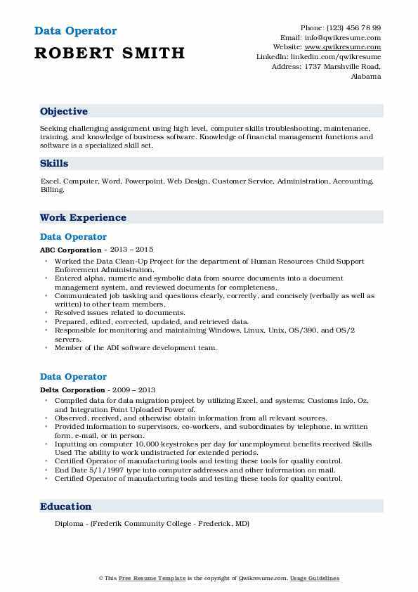 Data Operator Resume Samples | QwikResume