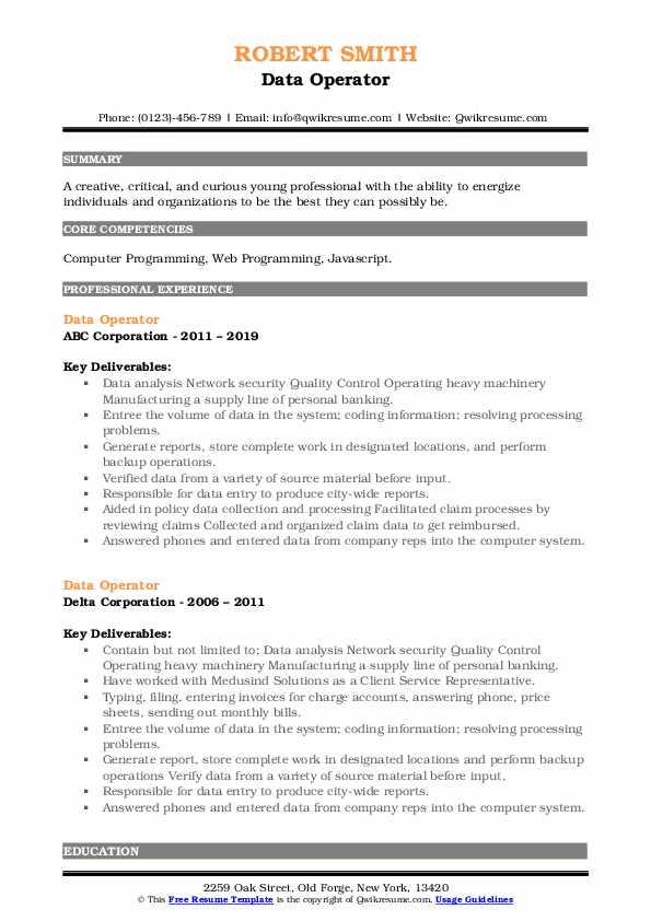 Data Operator Resume Samples | QwikResume