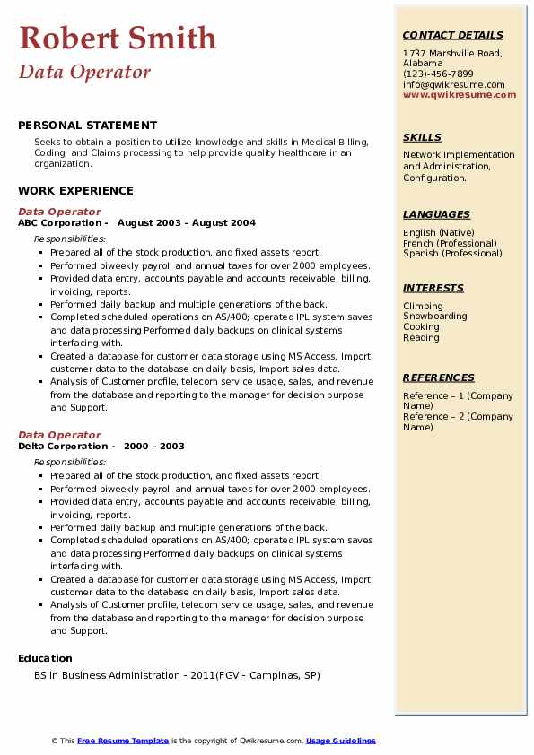 Data Operator Resume Samples | QwikResume