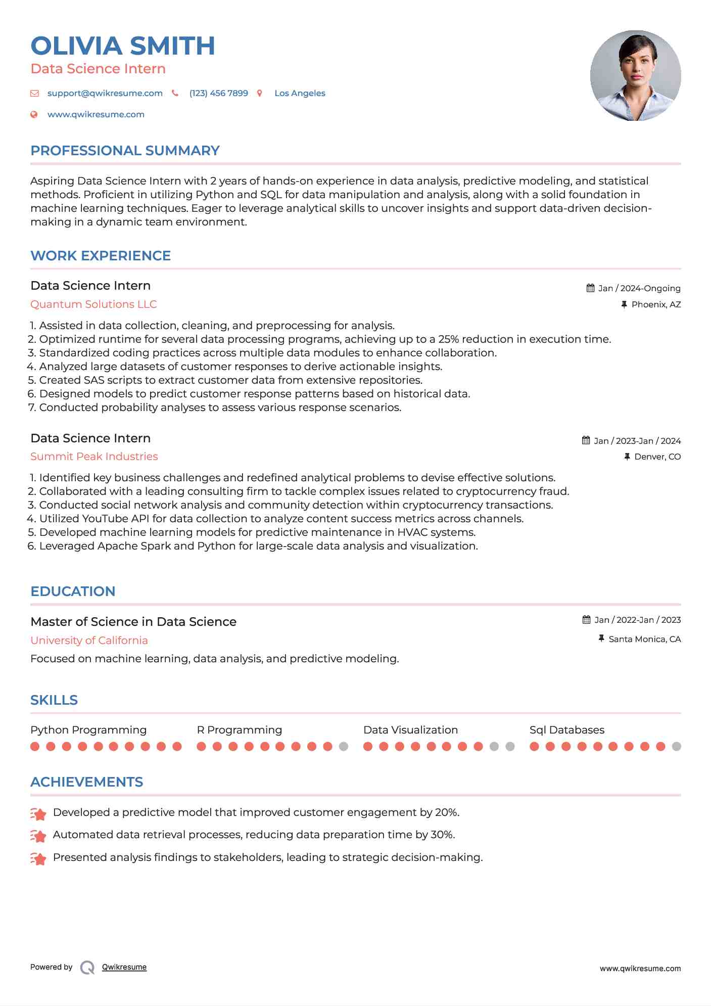 Data Science Intern Resume Samples QwikResume