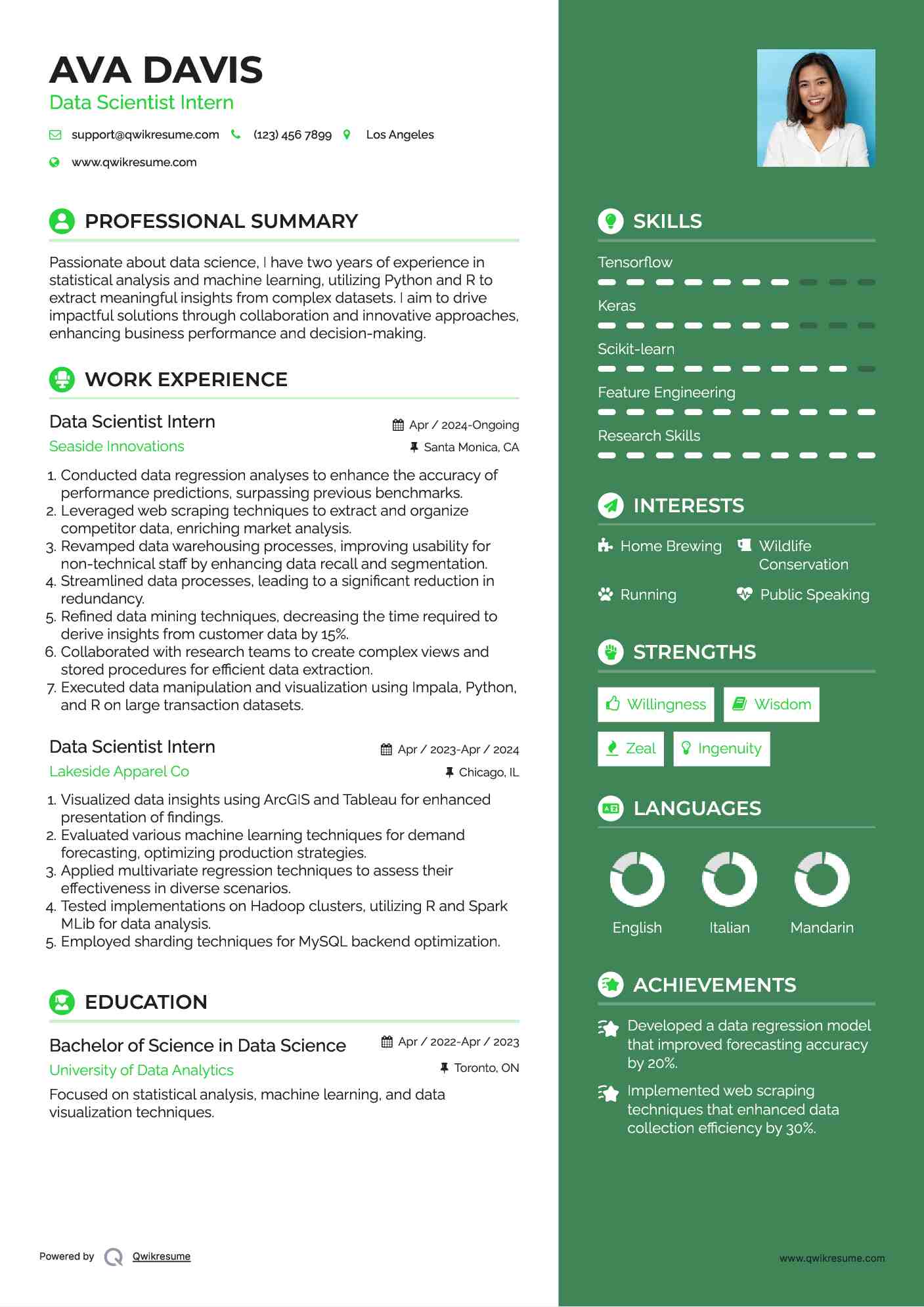 Data Scientist Intern Resume Samples QwikResume