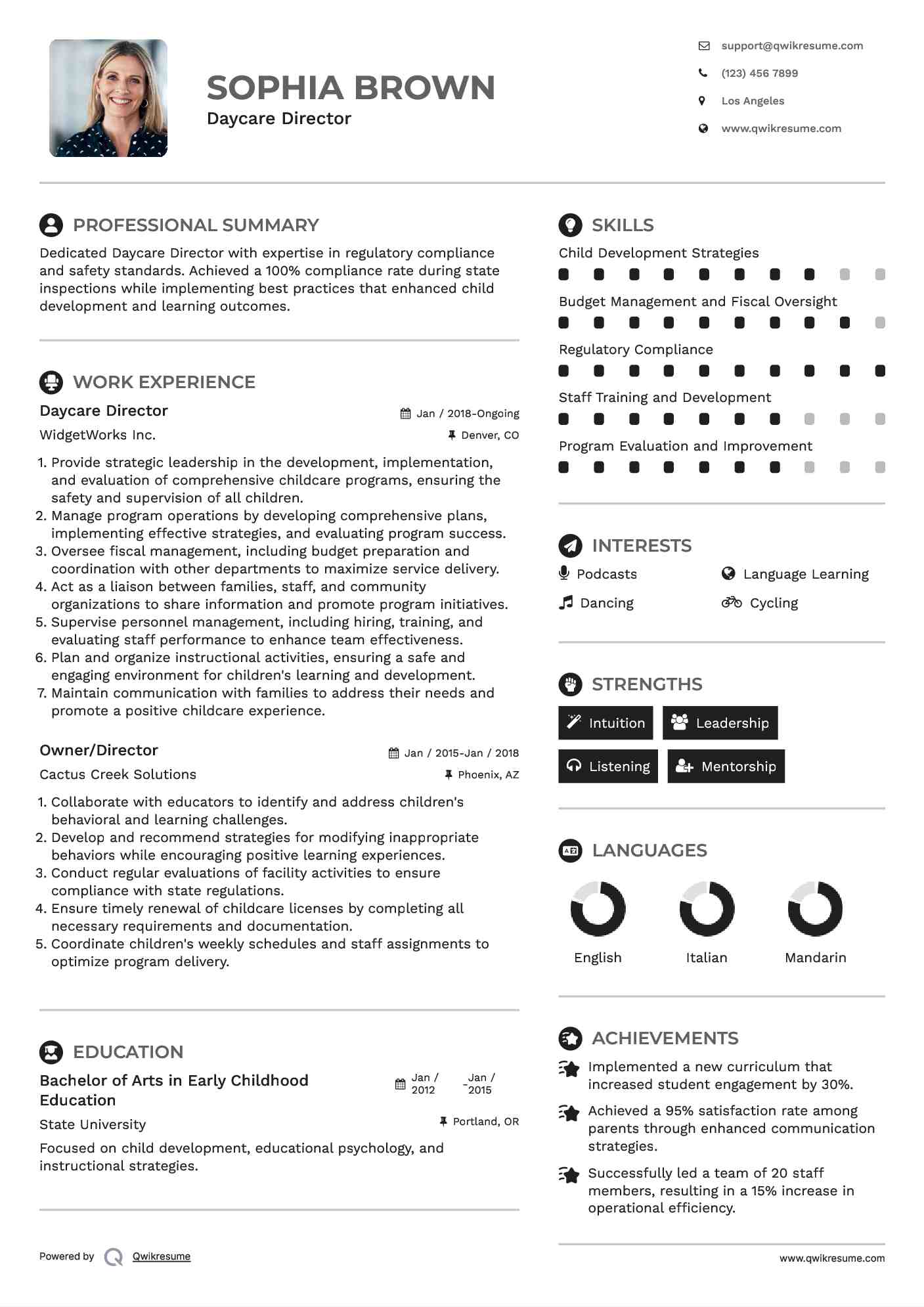 Daycare Director Resume Samples QwikResume