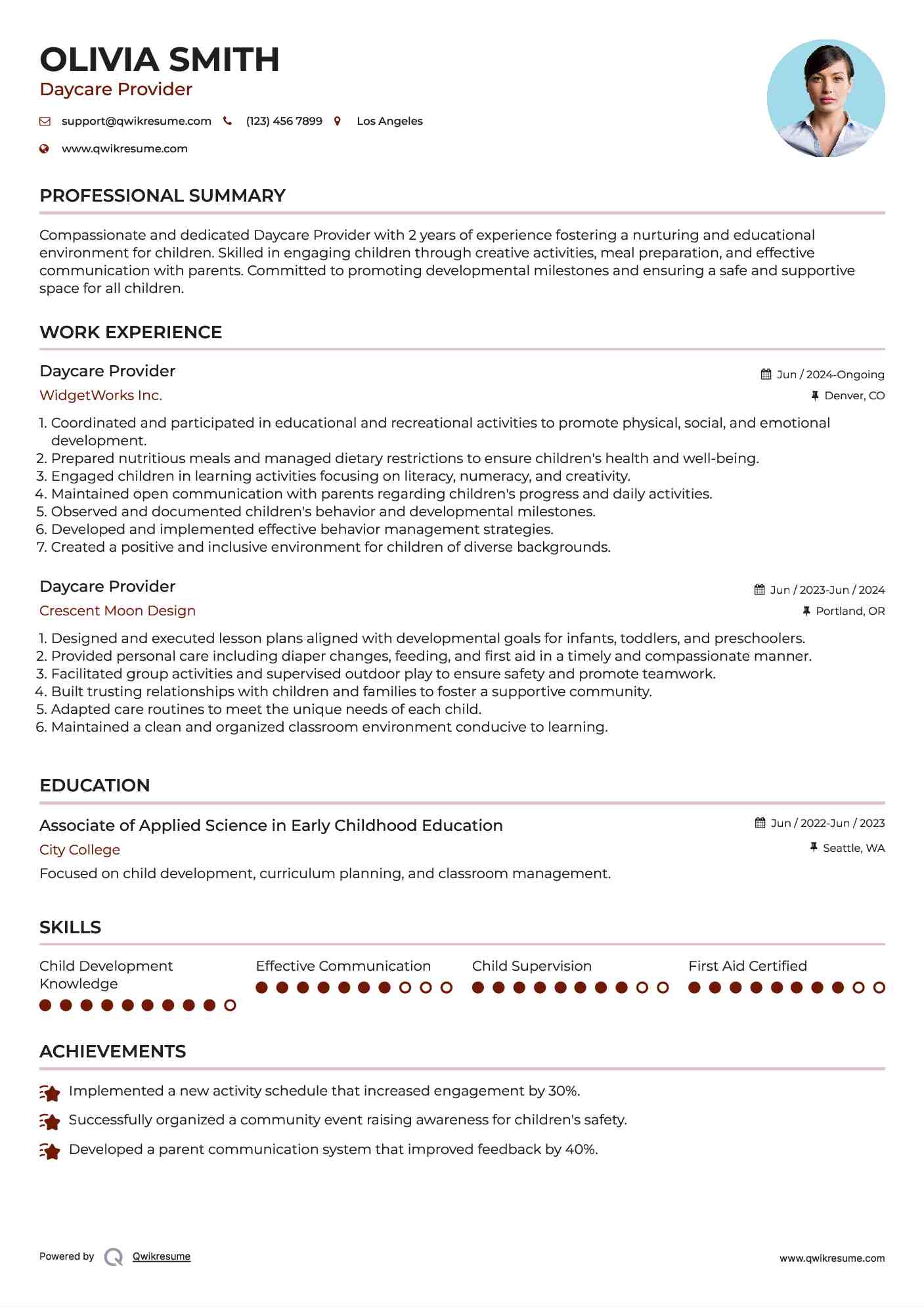 Daycare Provider Resume Samples QwikResume