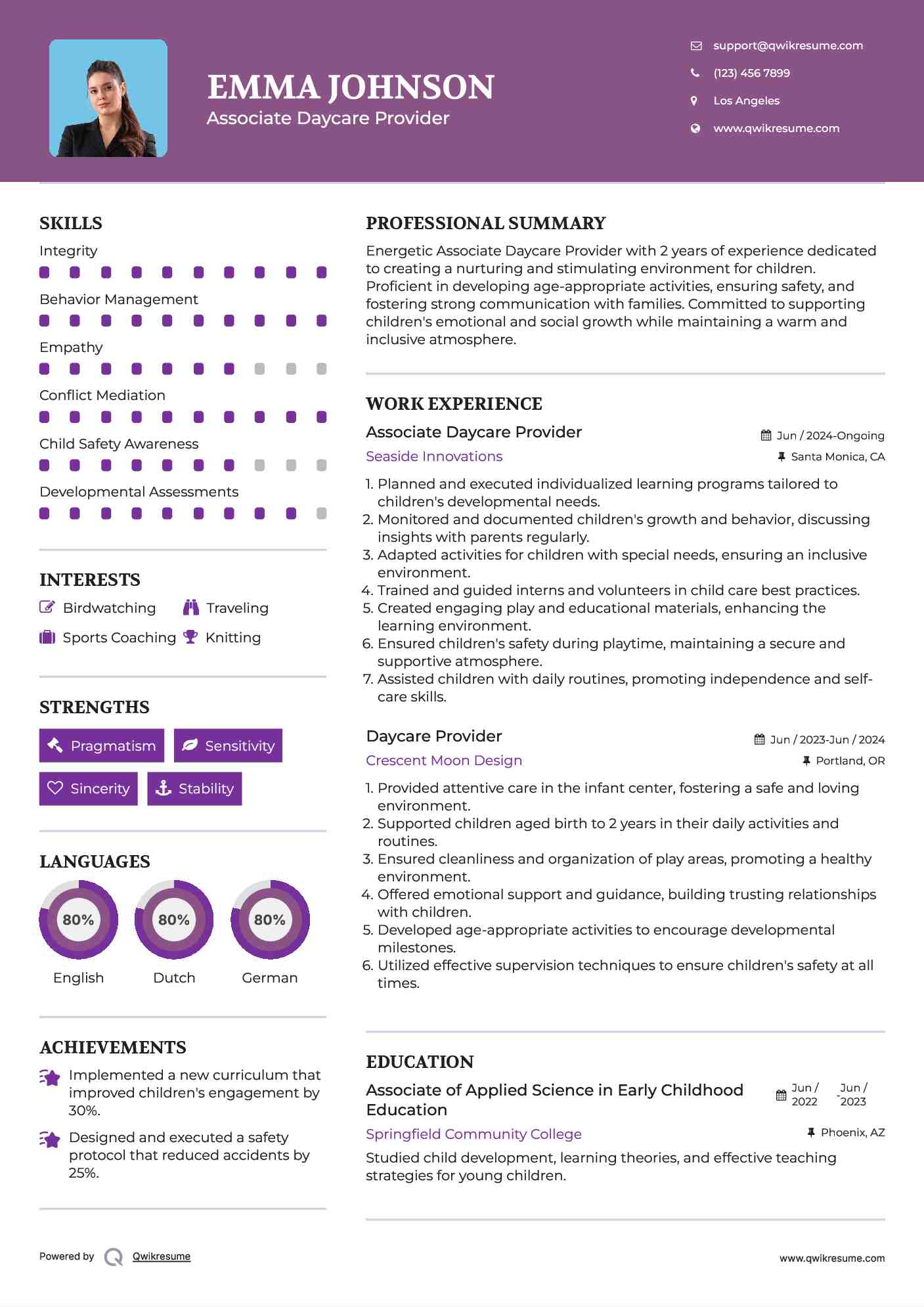 Daycare Provider Resume Samples QwikResume