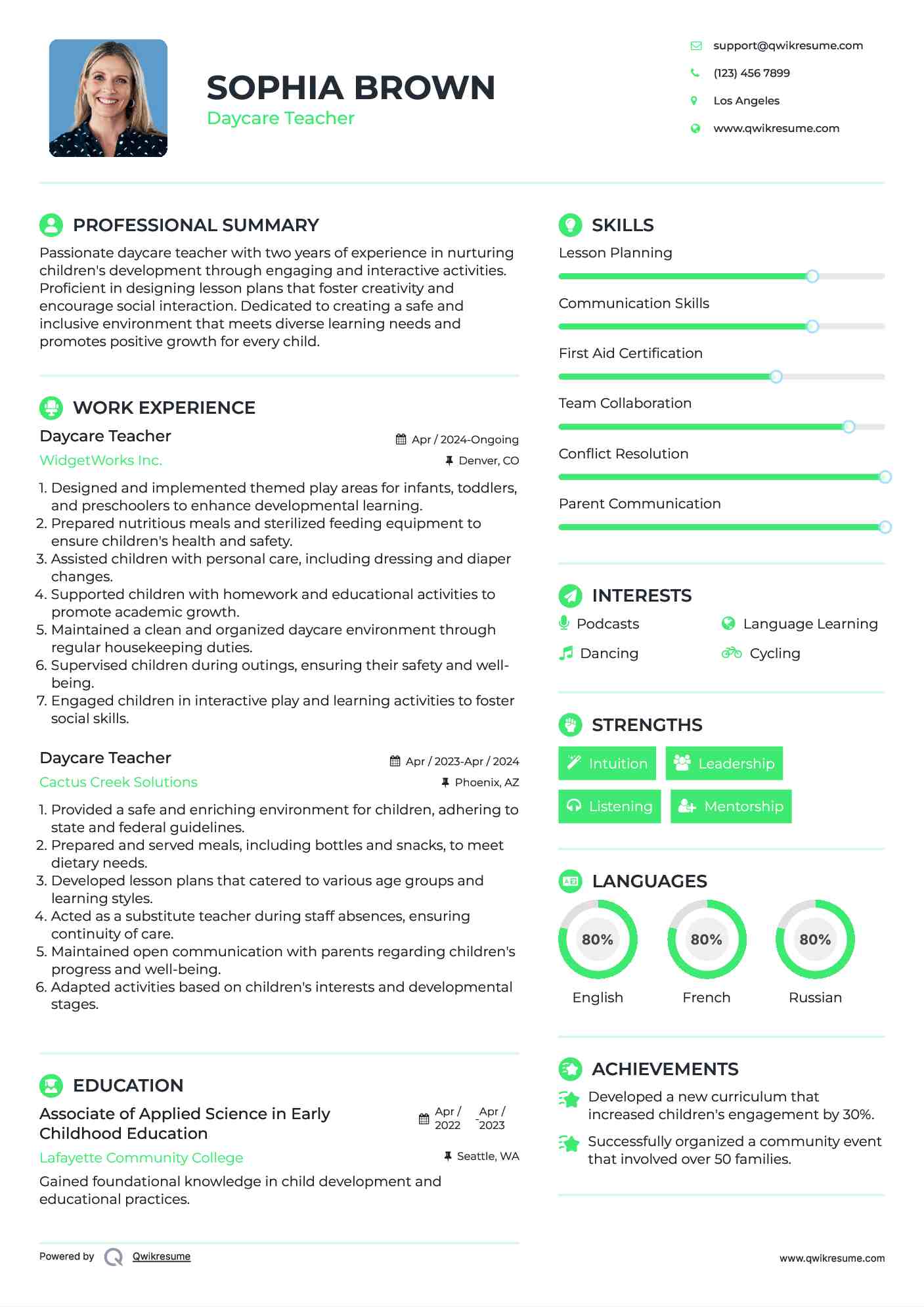 Daycare Teacher Resume Samples QwikResume