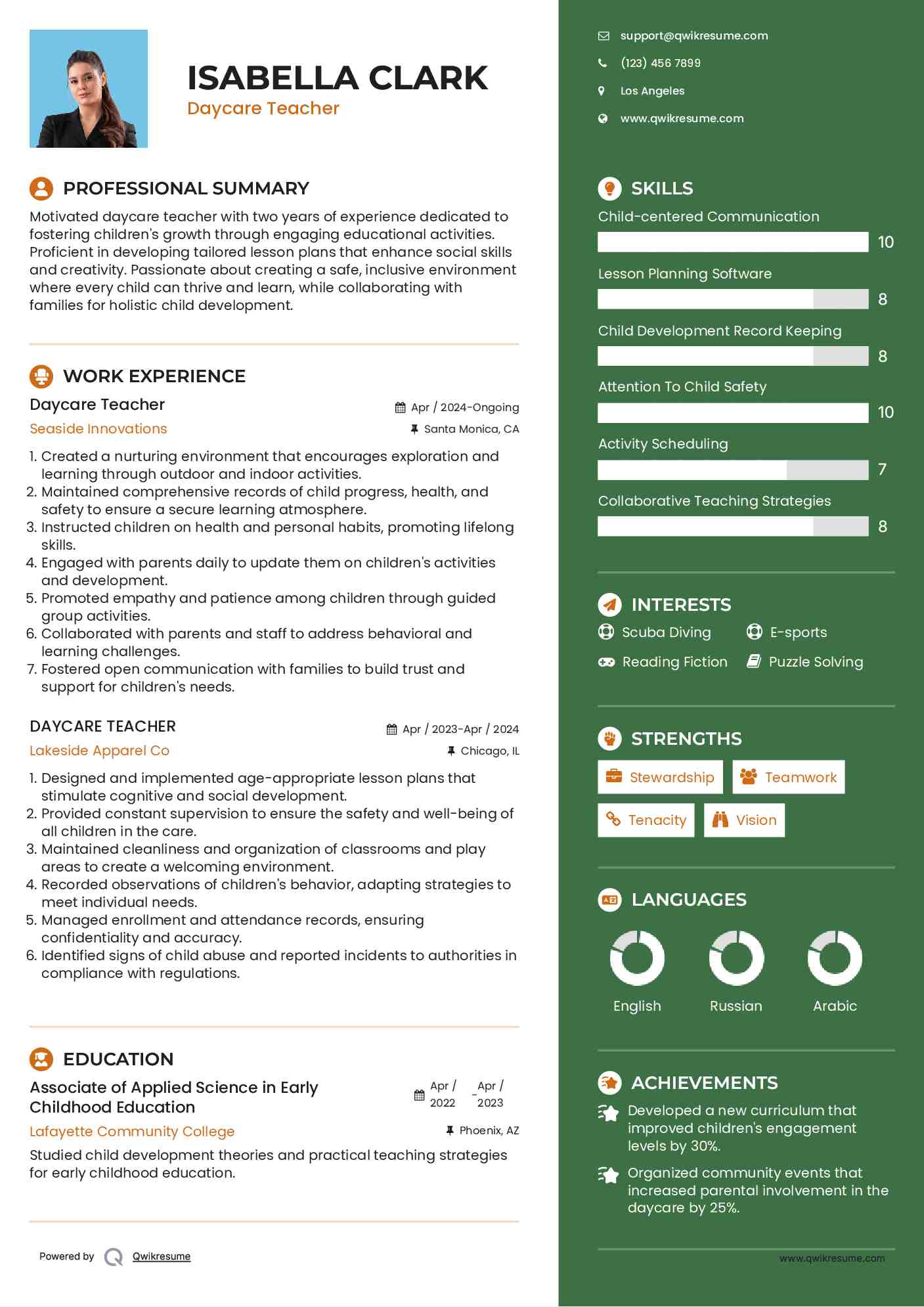 Daycare Teacher Resume Samples QwikResume