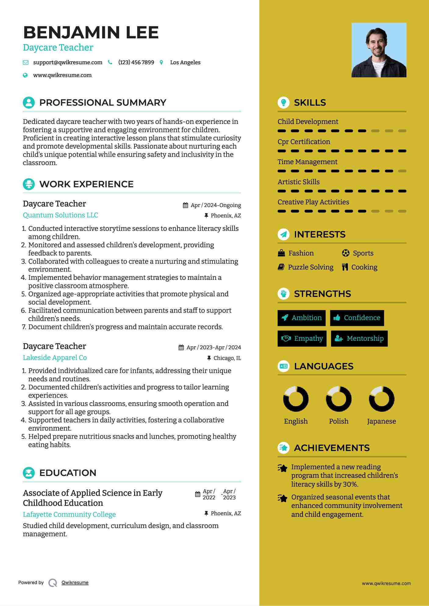 Daycare Teacher Resume Samples QwikResume