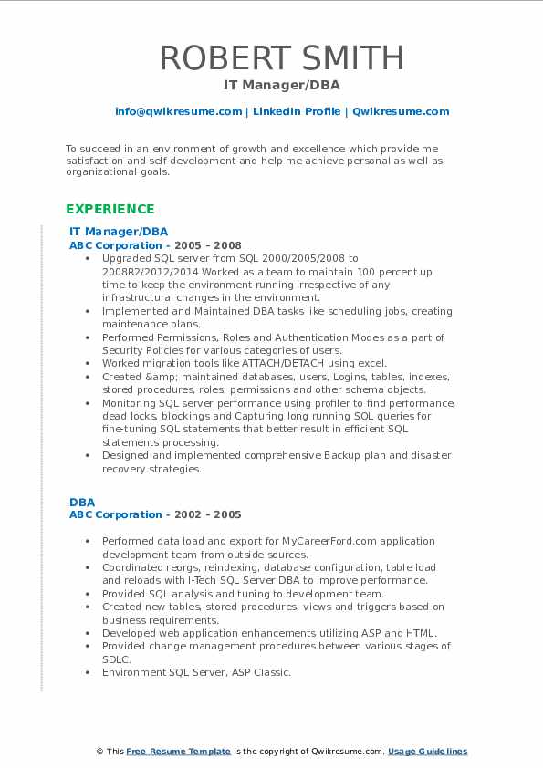 DBA Resume Samples | QwikResume