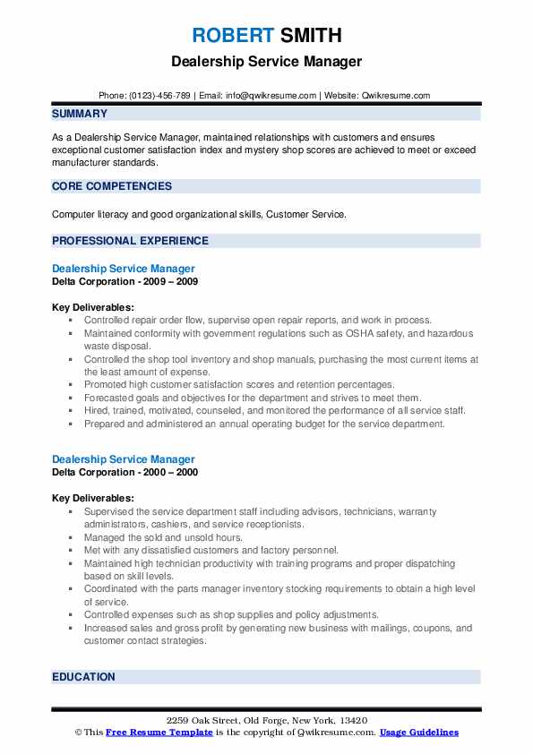 Dealership Service Manager Resume Samples | QwikResume