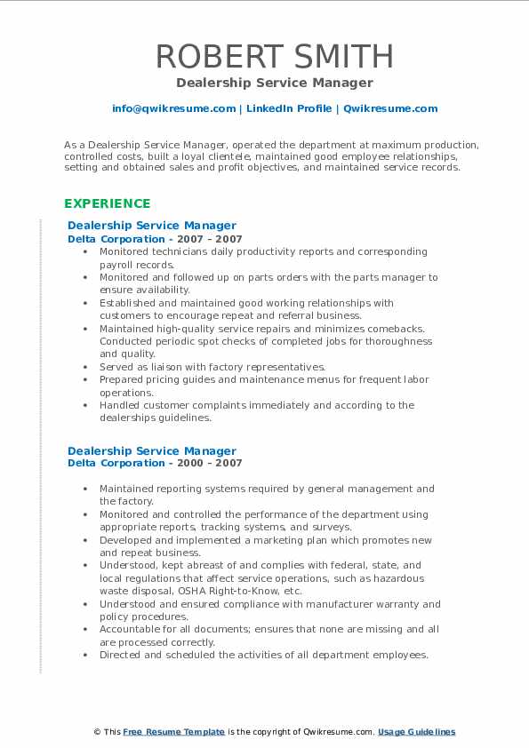Dealership Service Manager Resume Samples | QwikResume