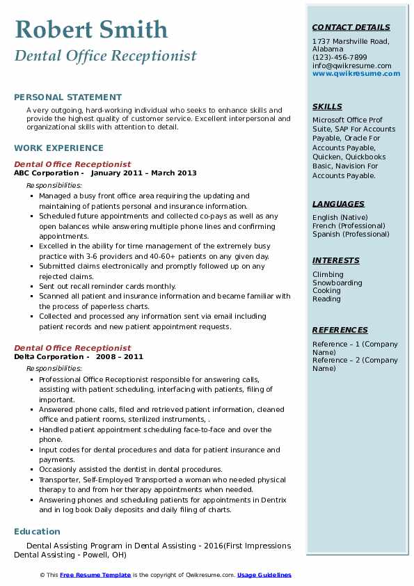 Dental Office Receptionist Resume Samples QwikResume