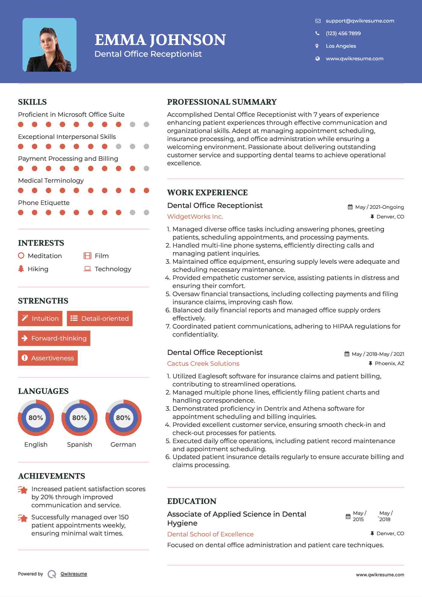 Dental Office Receptionist Resume Samples QwikResume